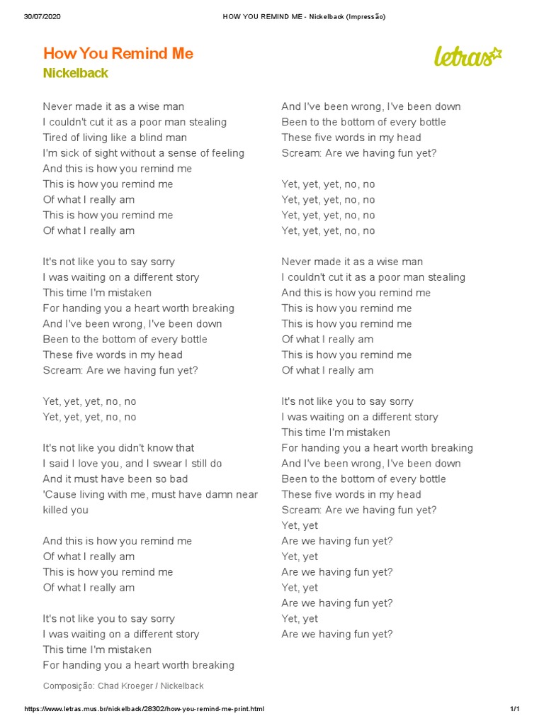 How You Remind Me - Nickelback Lyrics | PDF | Songs Written ...