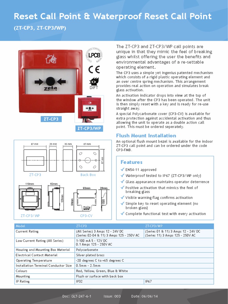 Reset Call Point & Waterproof Reset Call Point: (ZT-CP3, ZT-CP3/WP ...