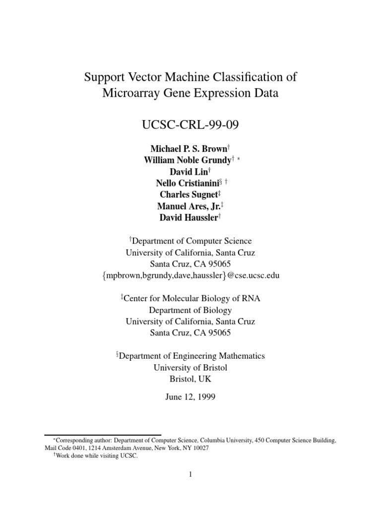 Support Vector Machine Classification of Microarray Gene Expression Data UCSC-CRL-99-09 | PDF ...