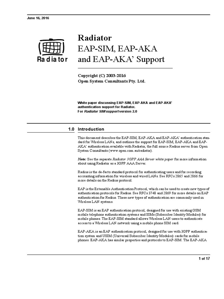 Radiator: Eap-Sim, Eap-Aka and EAP-AKA' Support | PDF | Radius | Wireless Lan