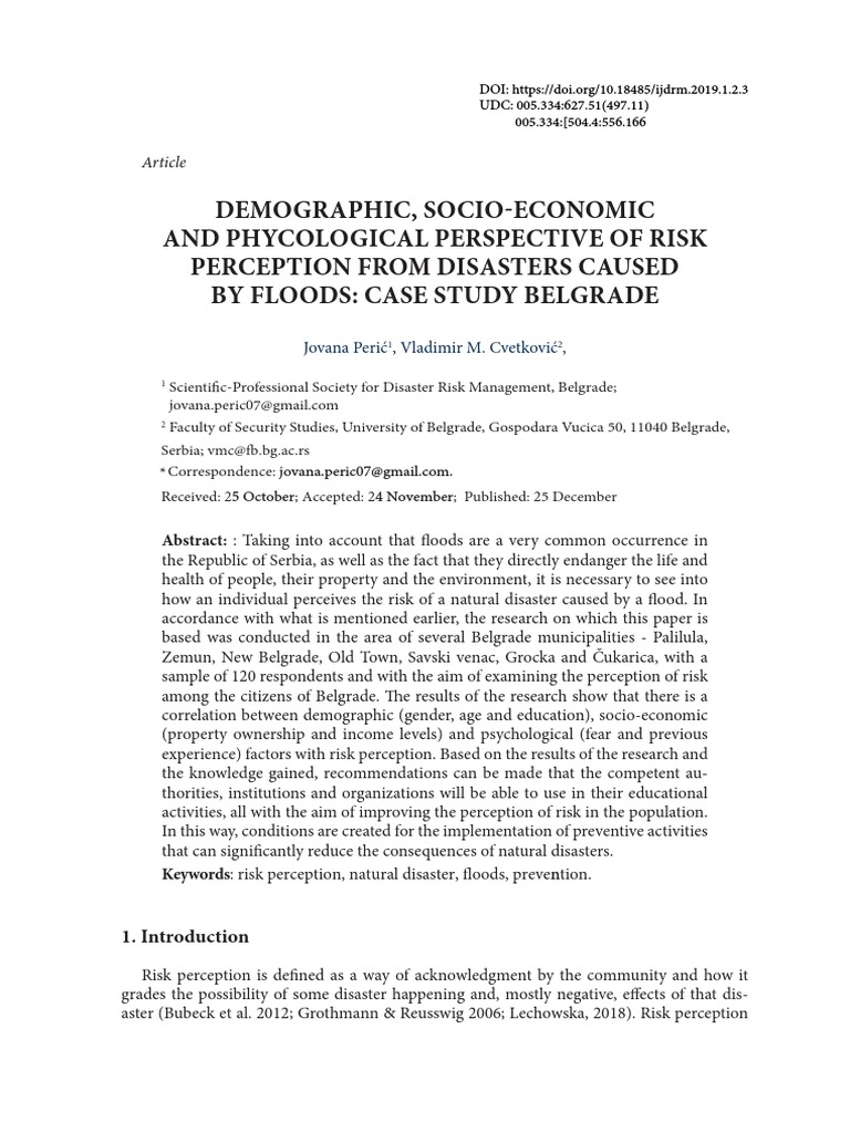 Demographic, Socio-Economic and Phycological Perspective of Risk Perception From Disasters ...