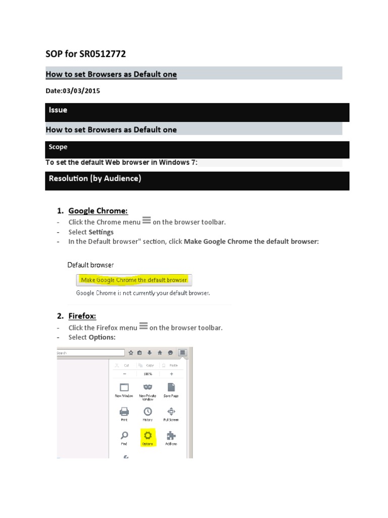SOP For SR0512772: How To Set Browsers As Default One | PDF