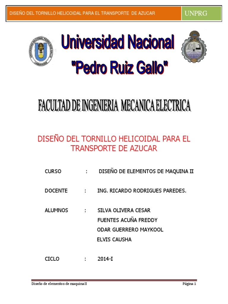 Diseno Del Tornillo Helicoidal para El Transporte de Azucar PDF | PDF | Tornillo | Acero