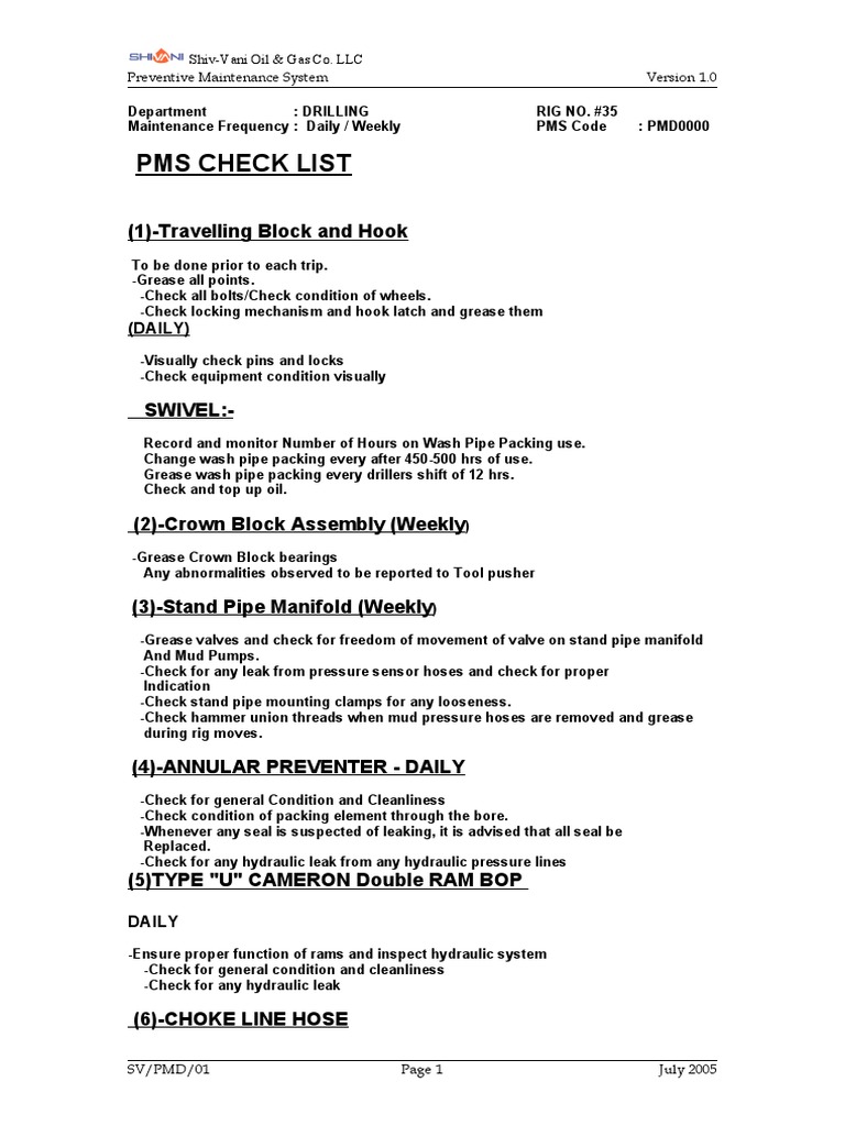 Pms Check List: (1) - Travelling Block and Hook | PDF | Drilling Rig ...
