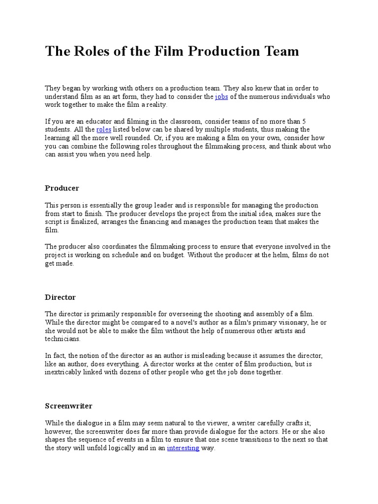 The Roles of The Film Production Team | Download Free PDF ...
