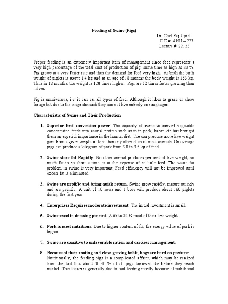 Lecture 22,23 Feeding of Pigs | PDF | Domestic Pig | Nutrition