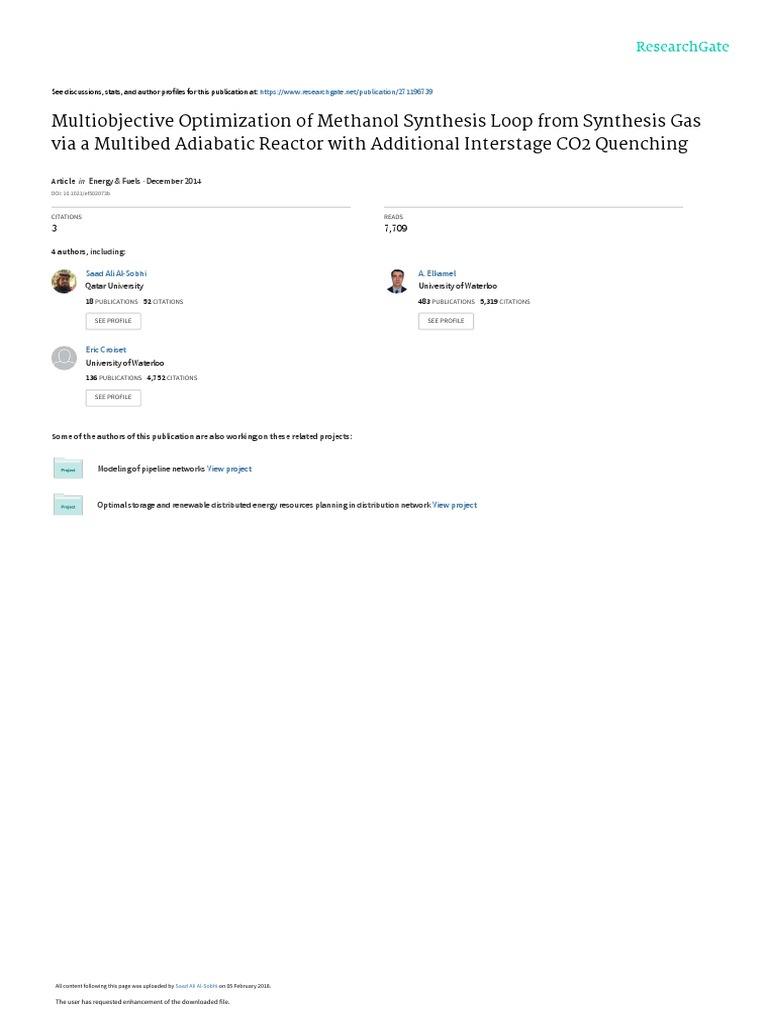 Multiobjective Optimization Of Methanol Synthesis Loop From Synthesis Gas Via A Multibed