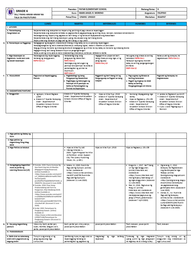 FILIPINO DLL Q4 W1 2 1 New | PDF
