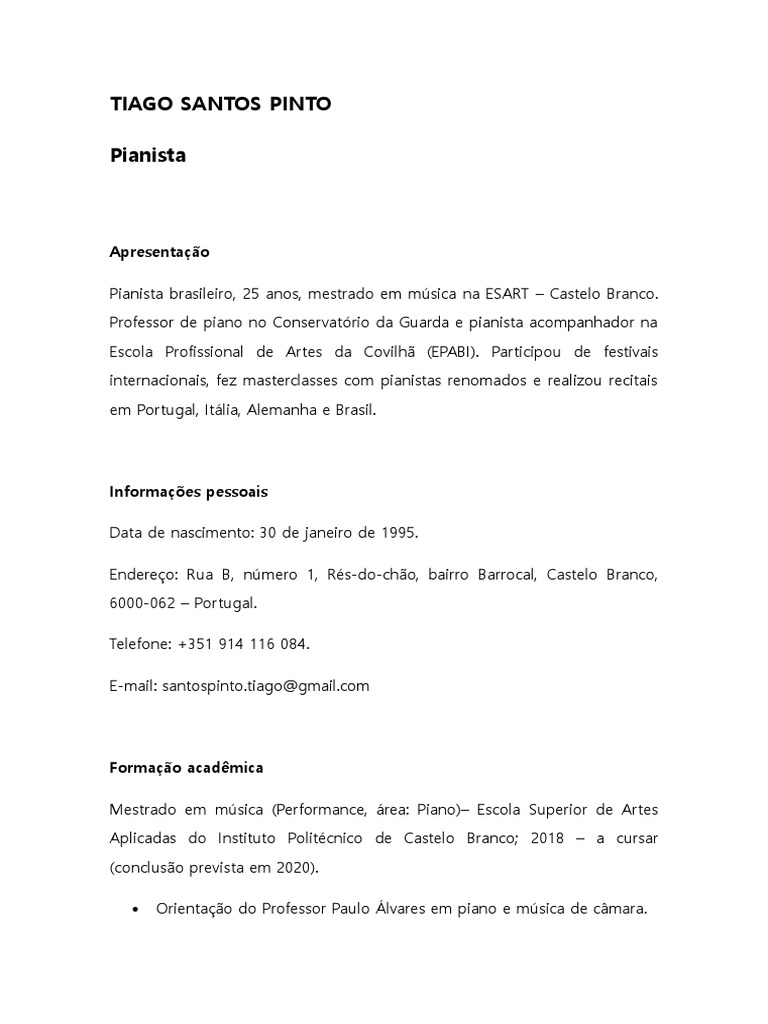 Curriculum Vitae - Tiago Santos Pinto (CV 2020) | PDF | Professores | Academia