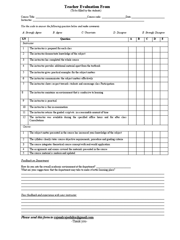 Student Teacher Evaluation Form | PDF | Teachers | Test (Assessment)