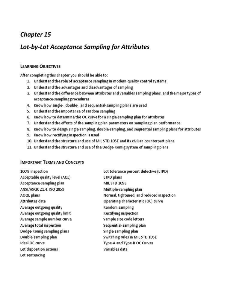 Lot-by-Lot Acceptance Sampling For Attributes: Earning Bjectives | PDF ...