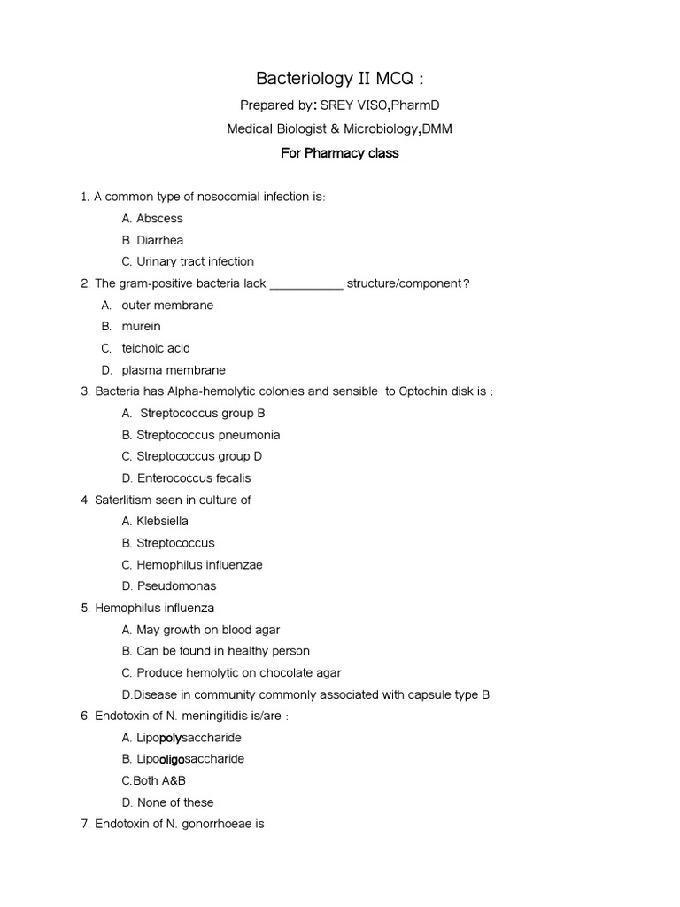 Bacteriology Ii MCQ:: Prepared By: Srey Viso, Pharmd Medical Biologist ...