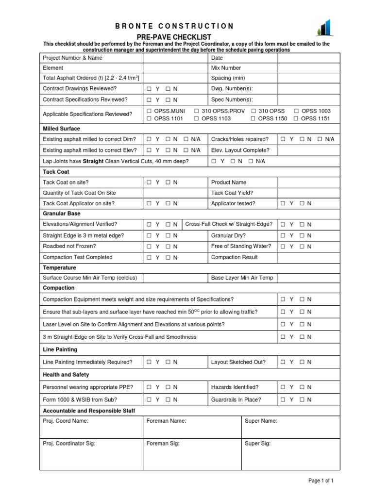 Bronte Construction Pre-Pave Checklist: Milled Surface | PDF ...