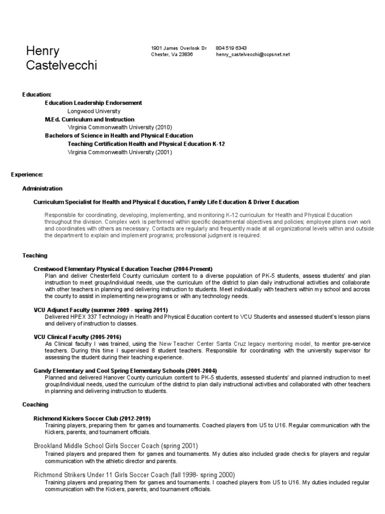 Henry Castelvecchi: 1901 James Overlook DR Chester, Va 23836 804 519 ...