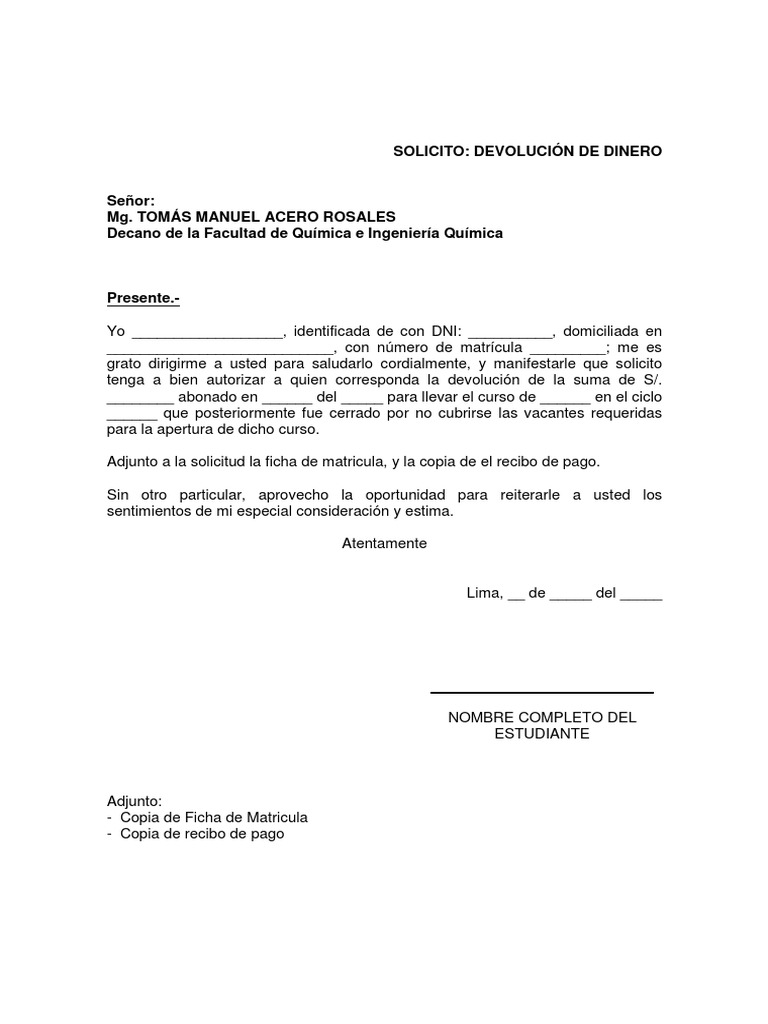 SOLICITUD Devolucion de Dinero PDF | PDF