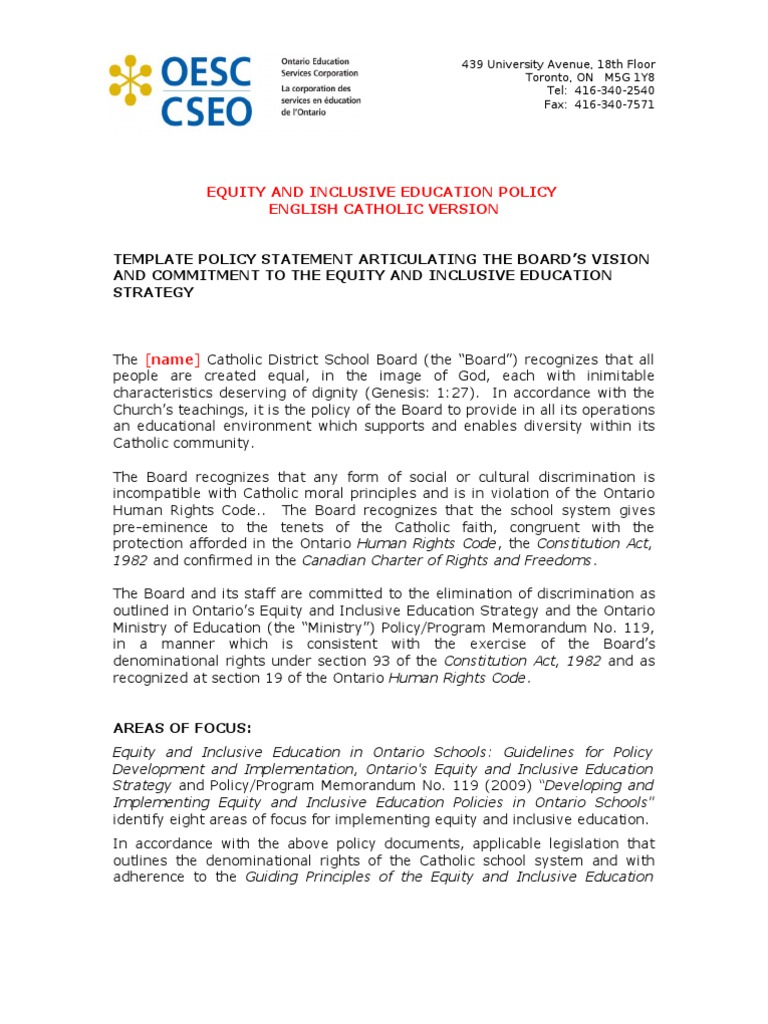 OESC - EI Education Policy Engl Catholic V6 0 Final | PDF | Inclusion ...