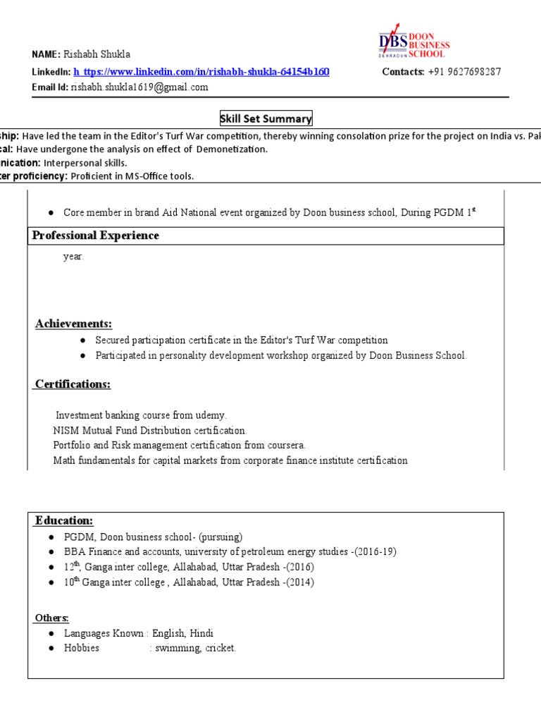 Rishabh Shukla DBS CV. PGDM Finance Updated | PDF