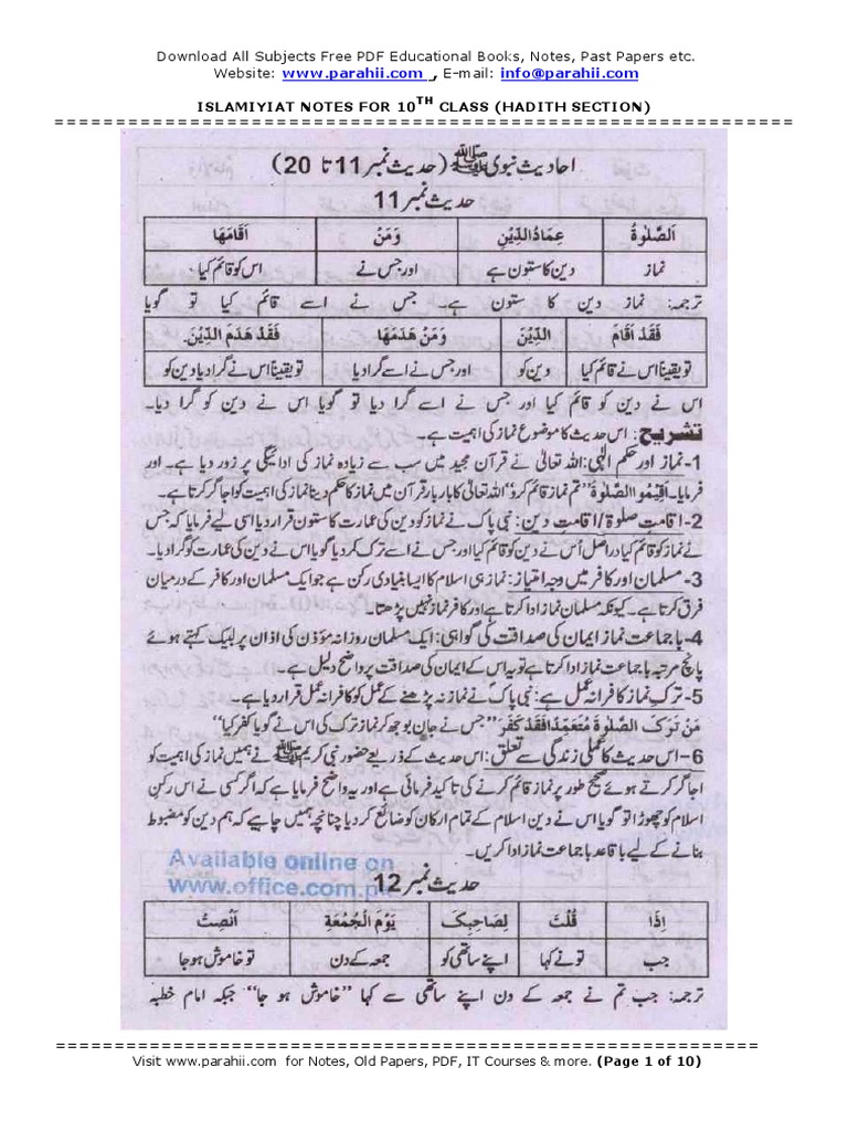10th Class Islamiyat Notes Ahdeeth PDF | PDF