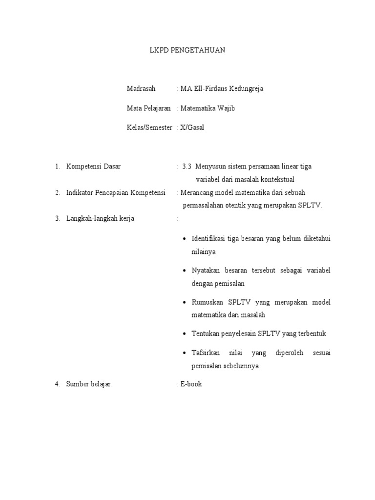 LKPD PENGETAHUAN SPLTV | PDF