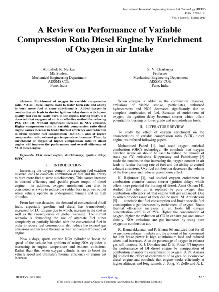 A Review On Performance of Variable Compression Ratio Diesel Engine by Enrichment of Oxygen in ...