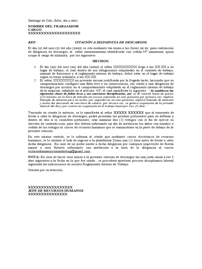 Modelo De Citación Diligencia De Descargos Pdf Gobierno Justicia