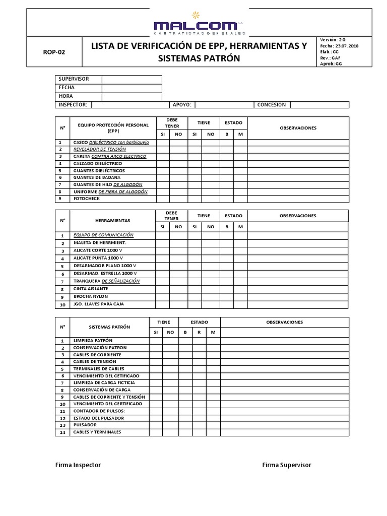 ROP-02 Lista de Verificación de Epp vs2.0 | PDF | Electricidad | Electromagnetismo