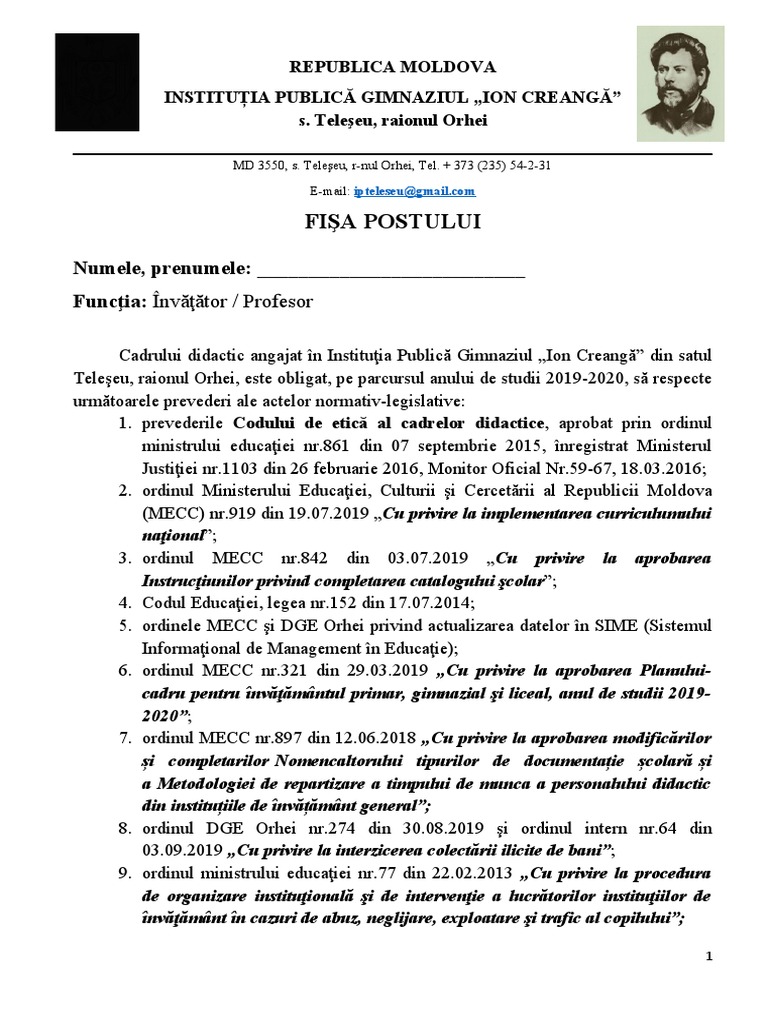 Fişa Postului Profesor | PDF