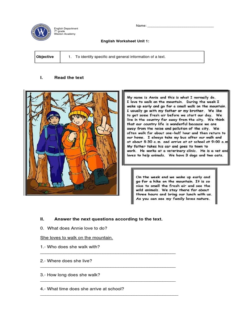 I. Read The Text: English Worksheet Unit 1 | PDF