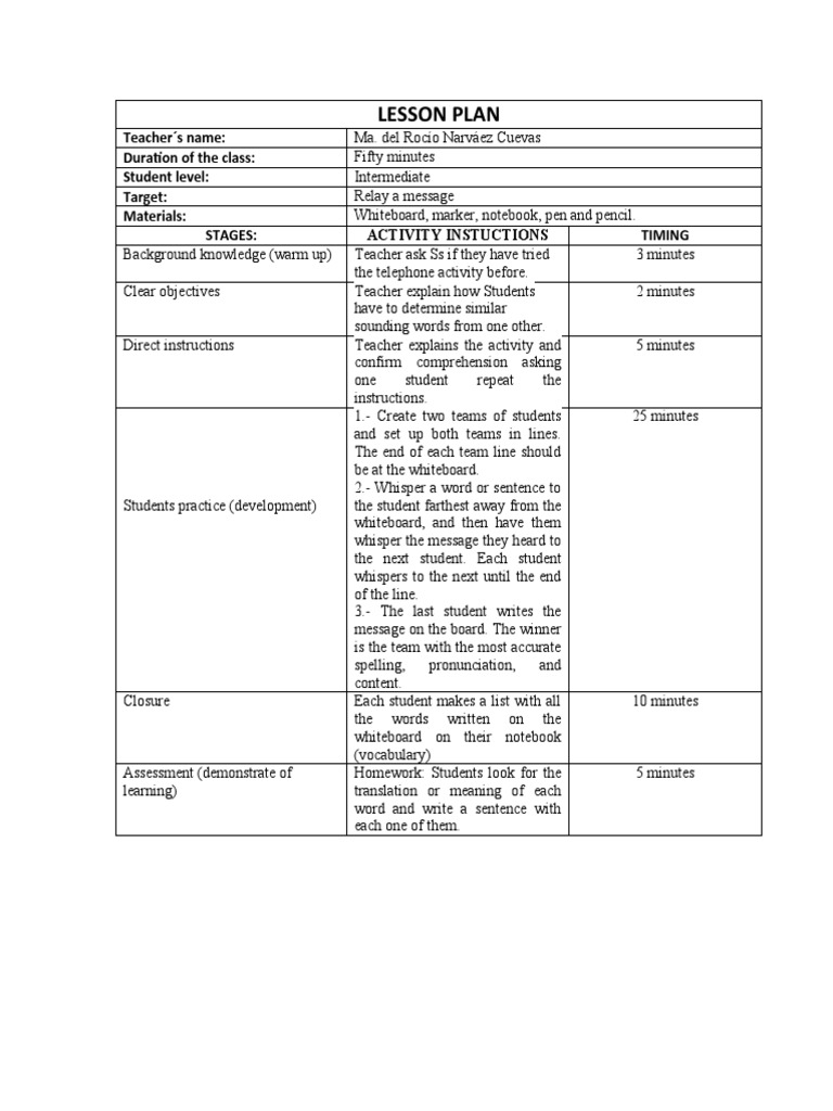 Lesson Plan: Teacher S Name: Duration of The Class: Student Level ...