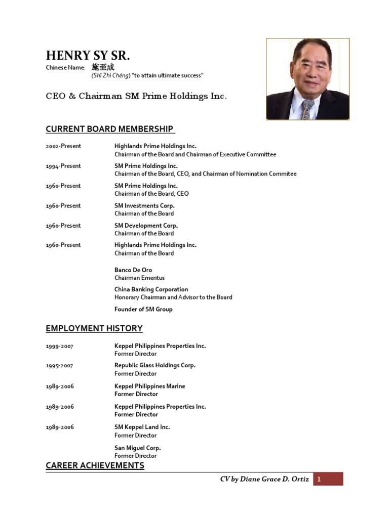 Henry Sy SR.: CEO & Chairman SM Prime Holdings Inc | PDF | Economy Of ...