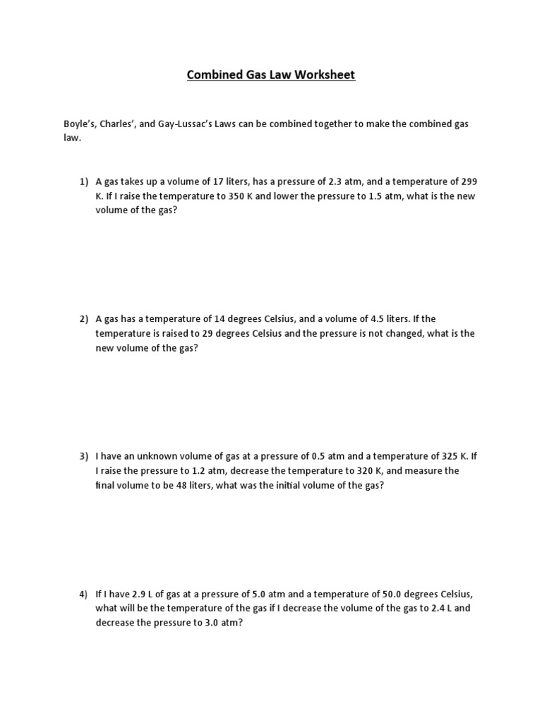 Combined Gas Law Worksheet | PDF