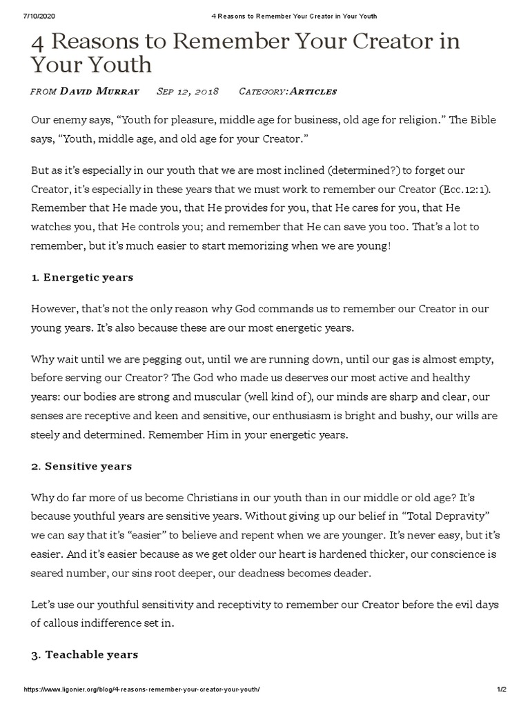 4 Reasons To Remember Your Creator in Your Youth | PDF | God ...