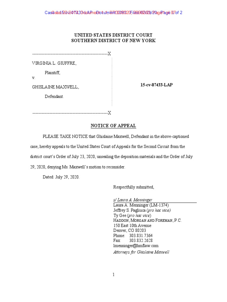 Maxwell SDNY Notice Appeal | PDF | United States Federal Case Law | Lawsuit