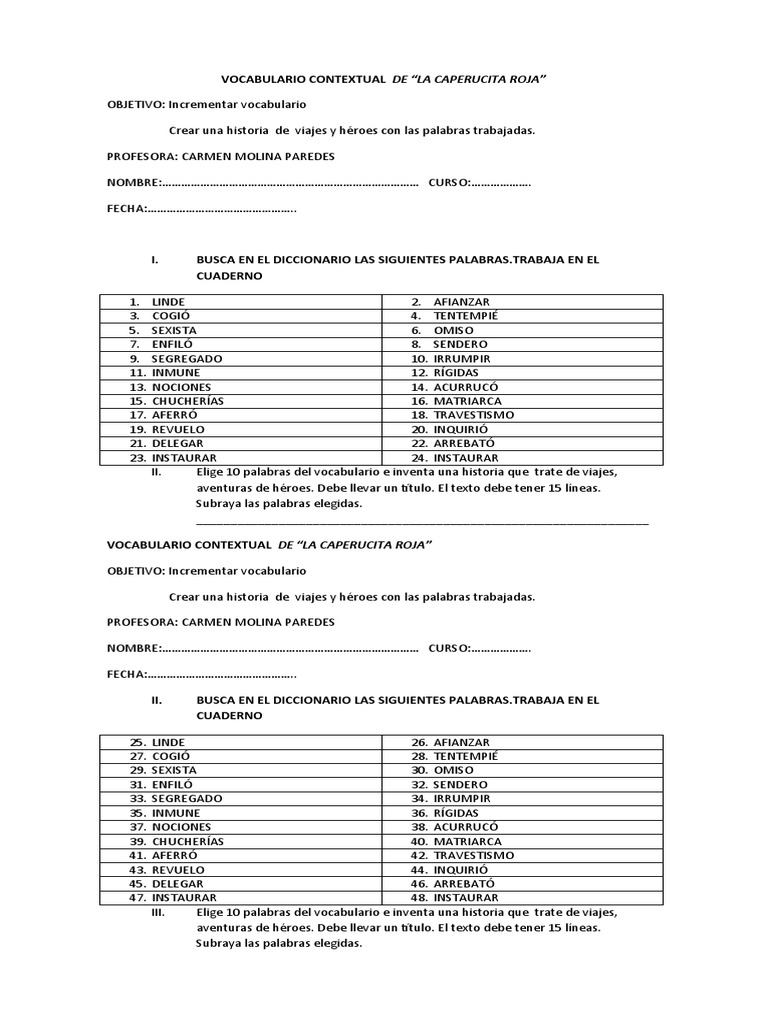 Vocabulario de Caperucita Roja | PDF | Ajedrez | Violencia