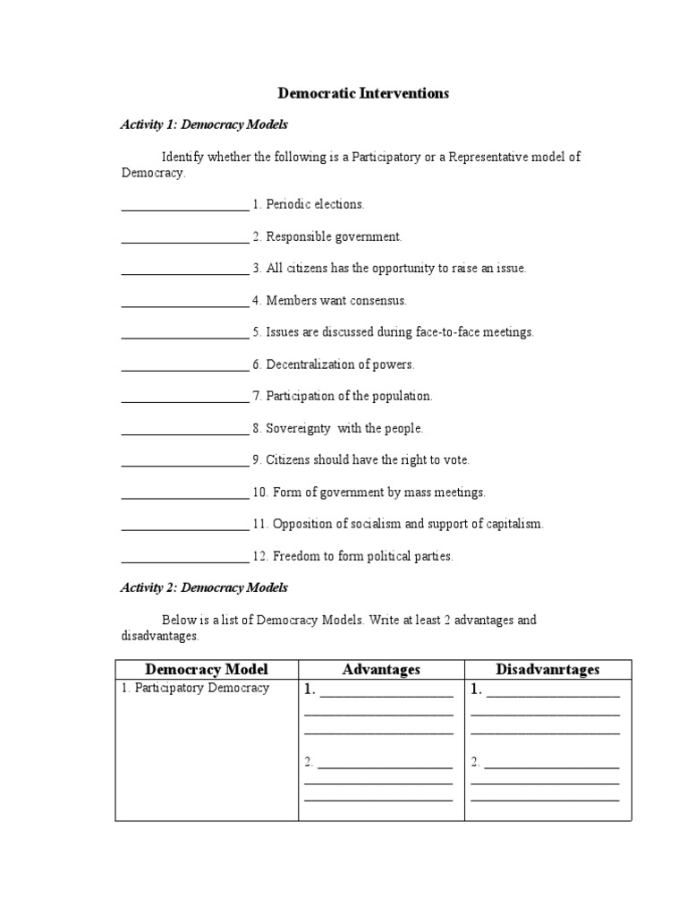 Democratic Interventions: Activity 1: Democracy Models | PDF