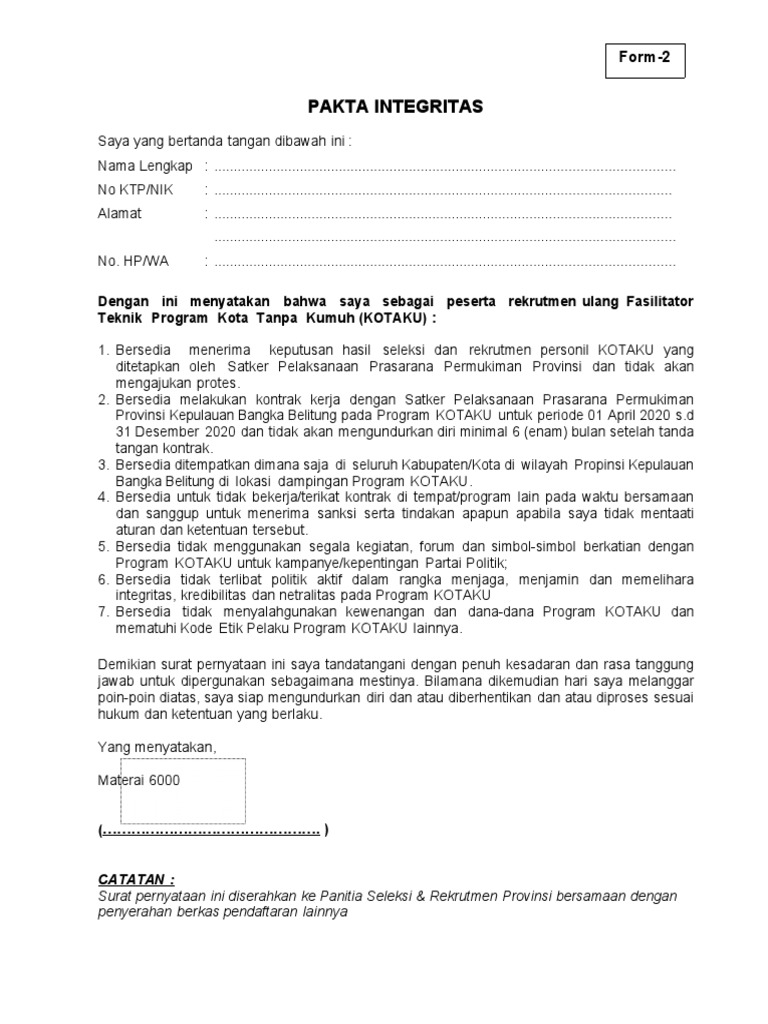 Form Pakta Integritas Peserta 2020 | PDF | Pengelolaan Keuangan & Uang