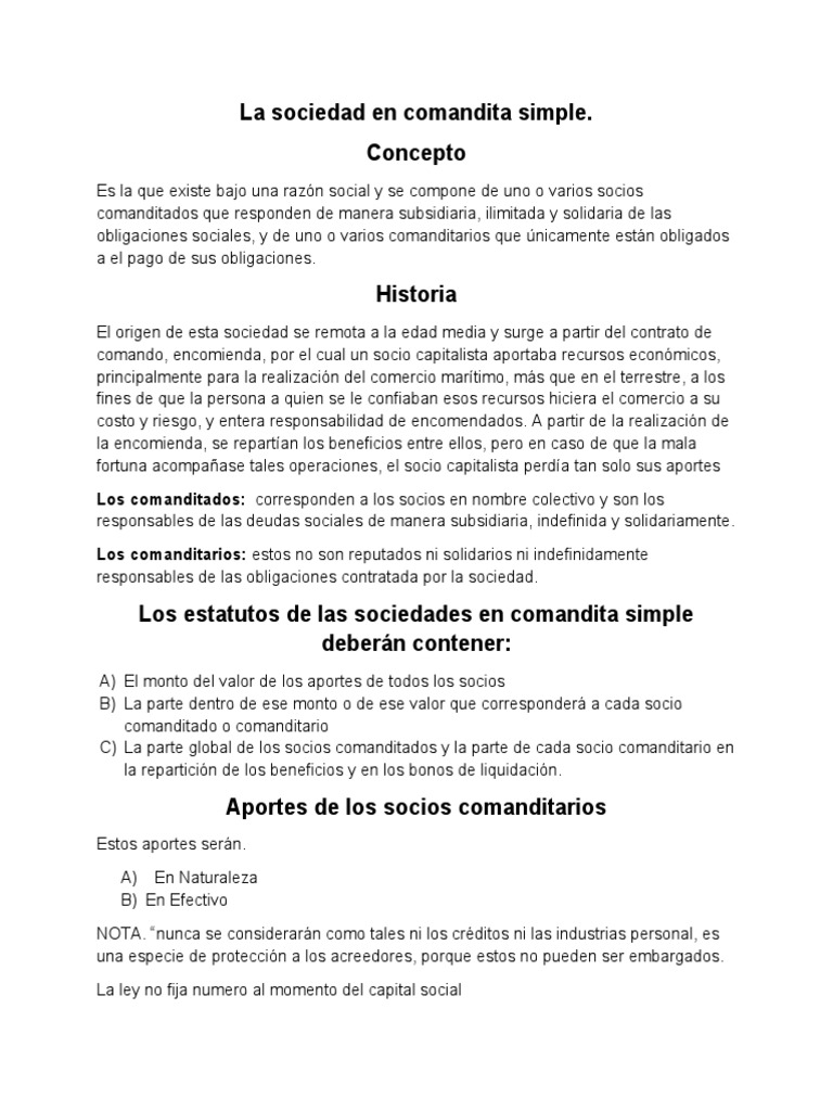 La Sociedad en Comandita Simple | PDF | Sociedad de responsabilidad ...