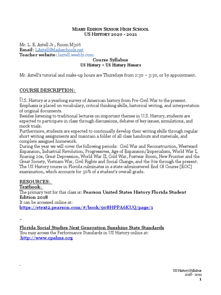 Us History Syllabus 2020 | PDF | The United States | Urbanization