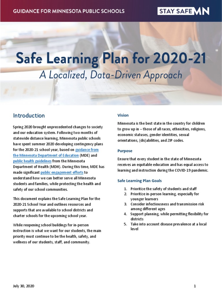 Safe Learning Plan For The 2020-21 School Year | PDF | Distance ...
