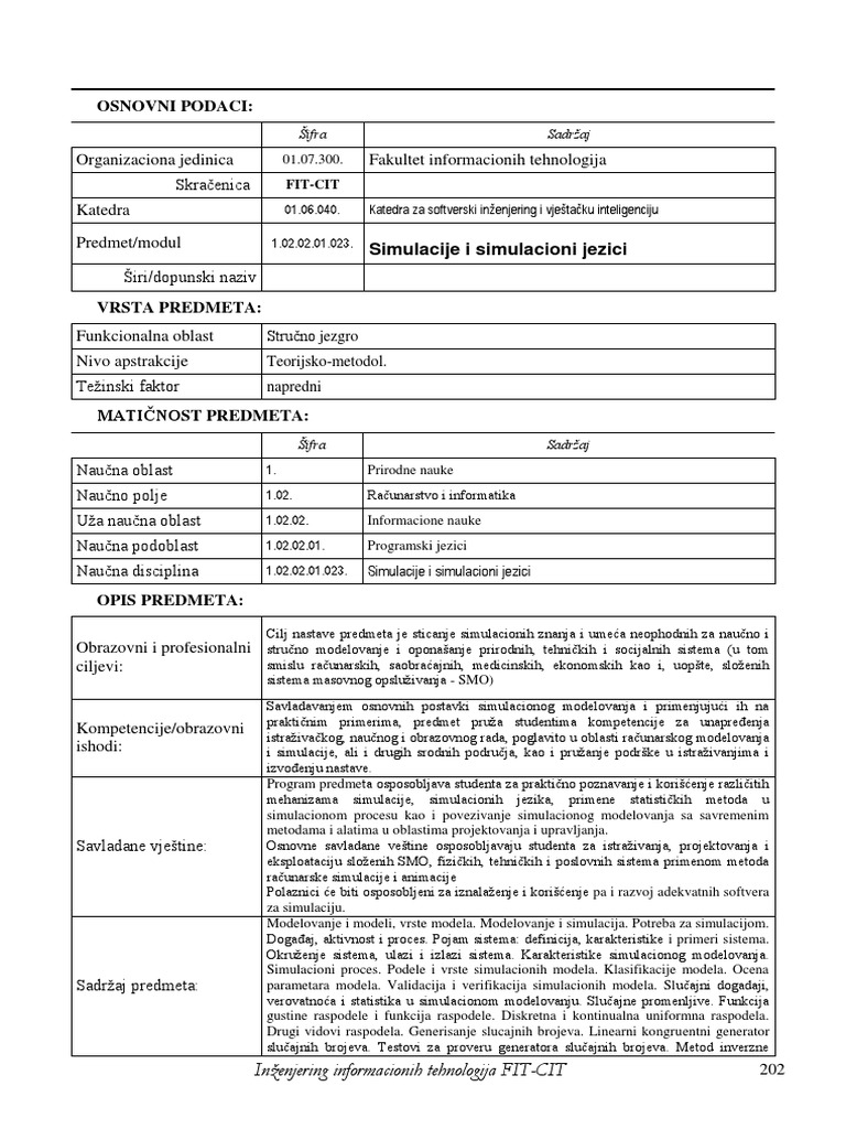 Simulacije - Silabus | PDF