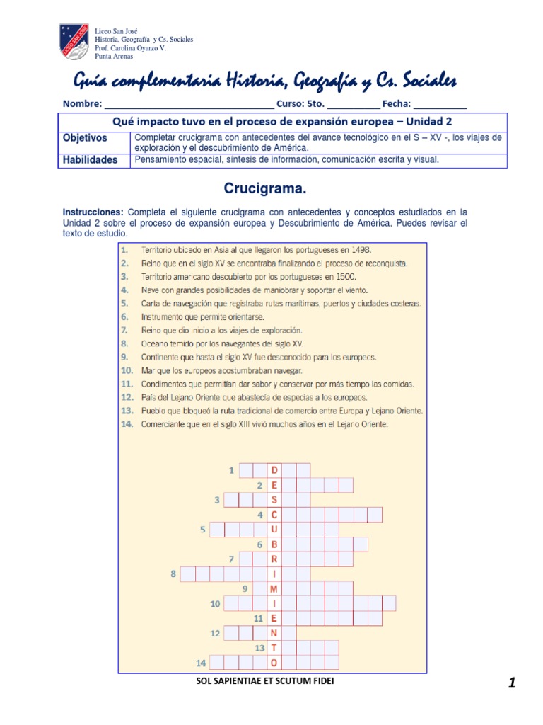 Crucigrama Del Descubrimiento - (Unidad 2) | PDF