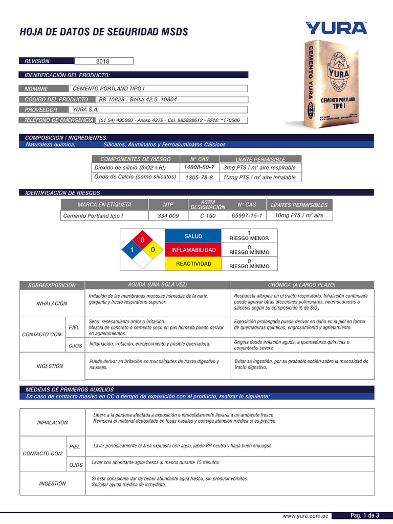 Cemento Yura Tipo I MSDS PDF | PDF