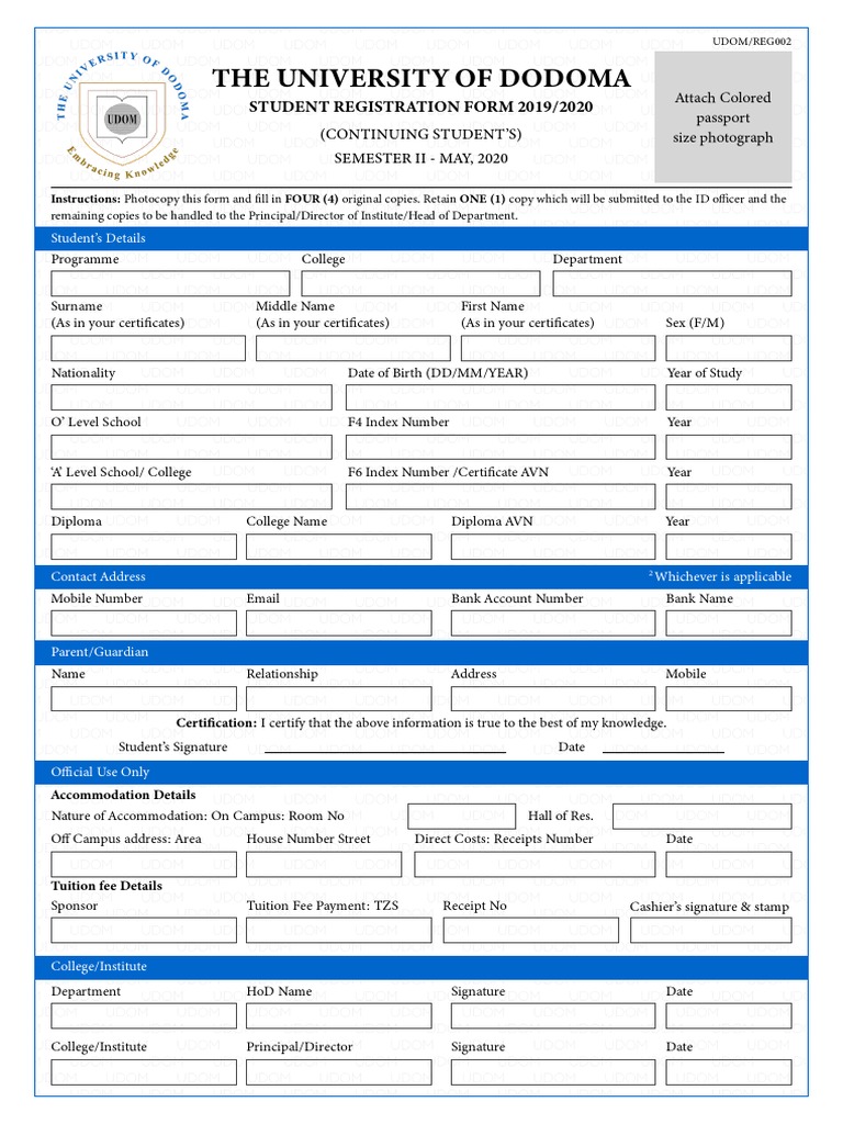 The University of Dodoma: Student Registration Form 2019/2020 | PDF ...