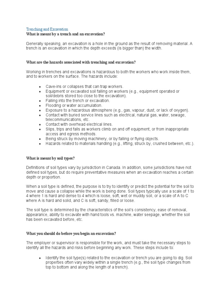 Trenching and Excavation Safety | Download Free PDF | Hazards ...