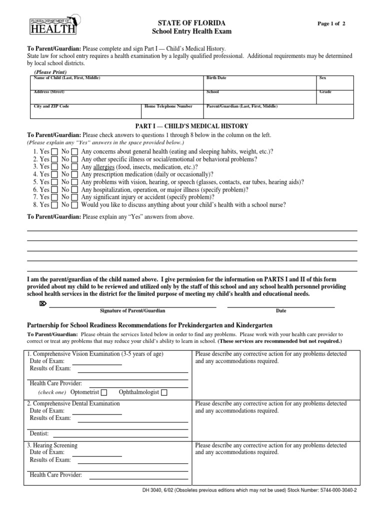 Florida School Entry Health Exam | PDF | Tuberculosis | Physical ...