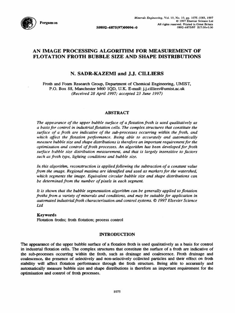 An Image Processing Algorithm For Measurement Of Flotation Froth Bubble