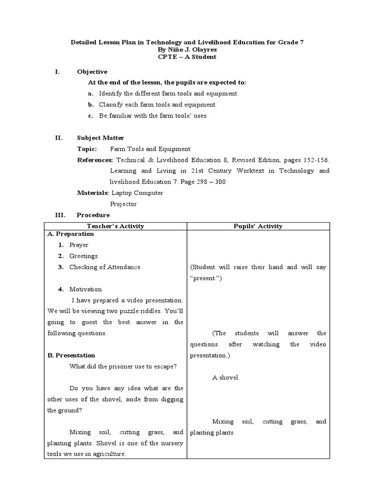 Detailed Lesson Plan in Technology and Livelihood Education For Grade 7 ...