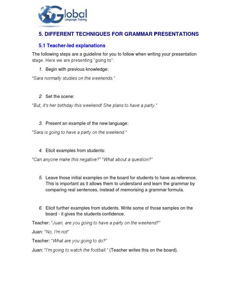 Different Techniques For Grammar Presentations: 5.1 Teacher-Led ...
