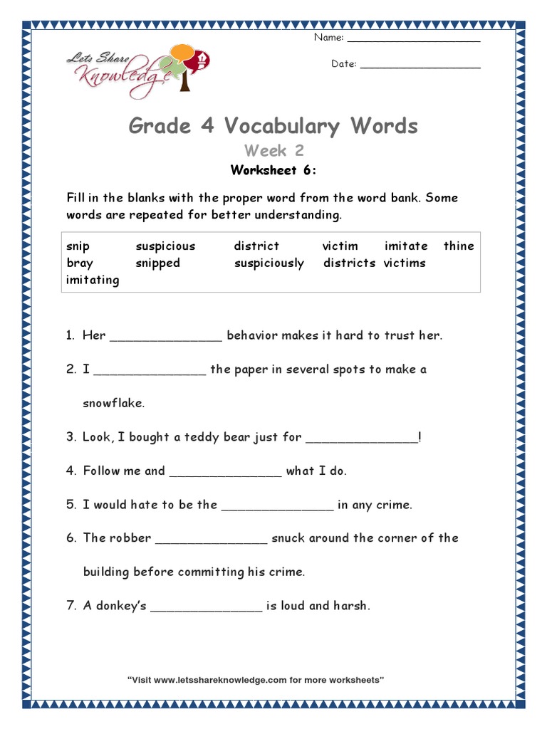 Grade 4 Vocabulary Week 2 Worksheet 6 | PDF