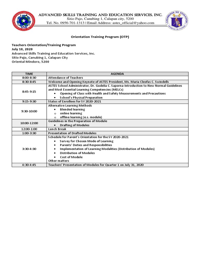 Orientation Training Program | PDF | Teaching | Behavior Modification